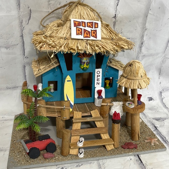 Bird | Tiki Bar Birdhouse Grass Roof Rope Hanger Wooden Hand Painted ...